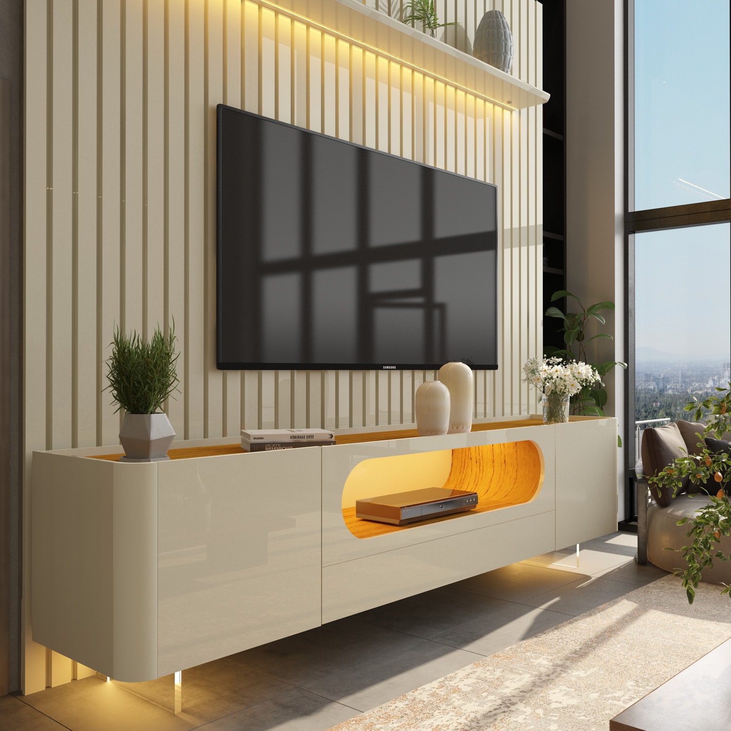 Rack E Painel Para TV Ate 85 Polegadas Realeza Com Pes Em Vidro Off White Moveis Gruber